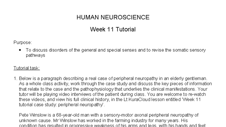 HUMAN NEUROSCIENCE 11 Tutorial: Case Study on Peripheral Neuropathy ...