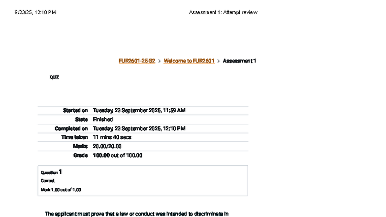 FUR2601 Assessment 1: Attempt Review and Quiz Insights - Studocu
