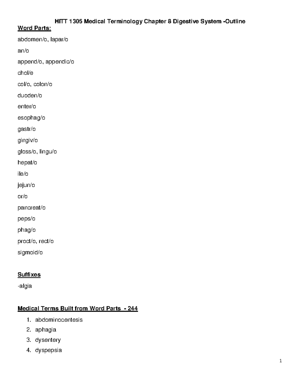 HITT 1305 Medical Terminology Chapter 8: Digestive System Outline - Studocu
