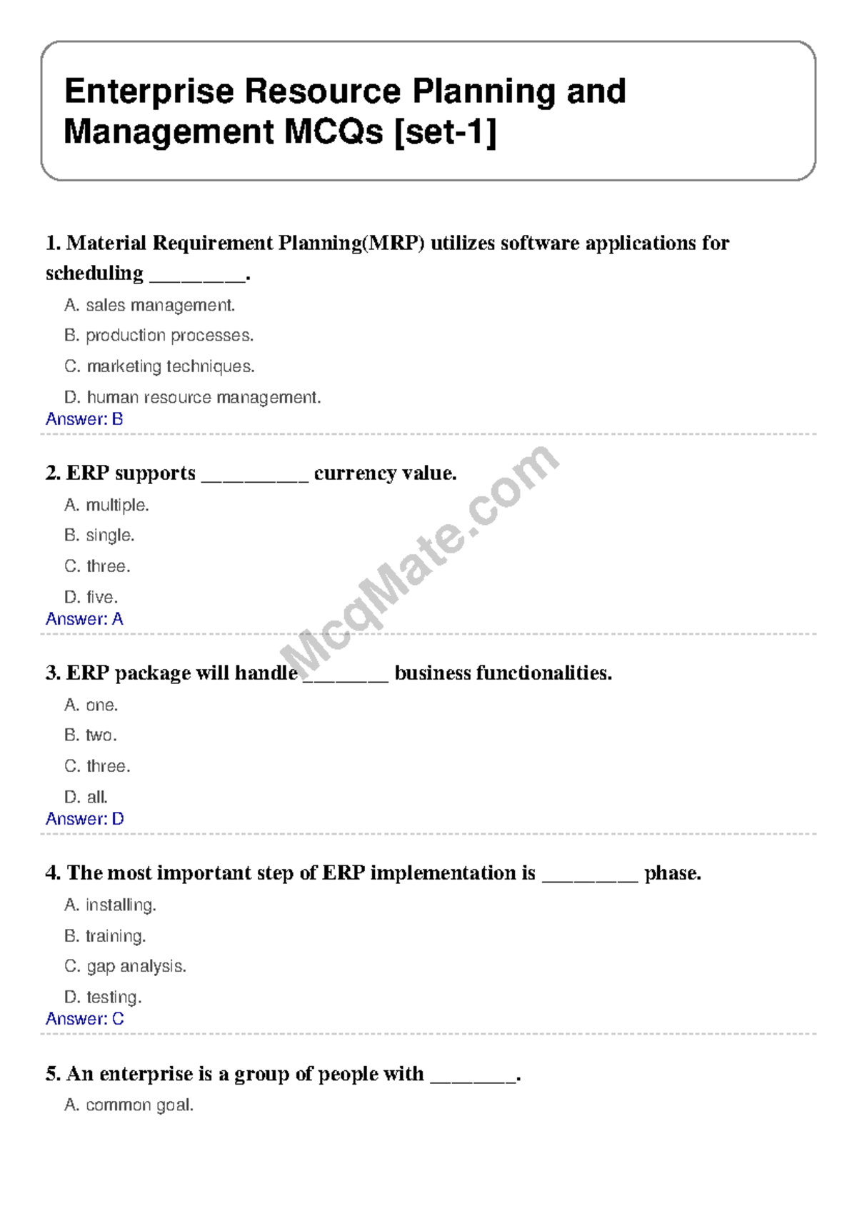 Enterprise Resource Planning and Management Solved MCQs [set-1] Mcq Mate.com - McqMate ...