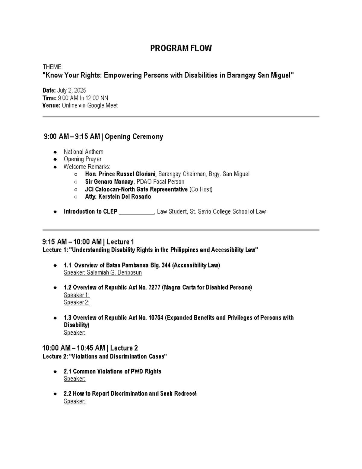 CLEP Workshop: Empowering Persons with Disabilities - Program Flow ...