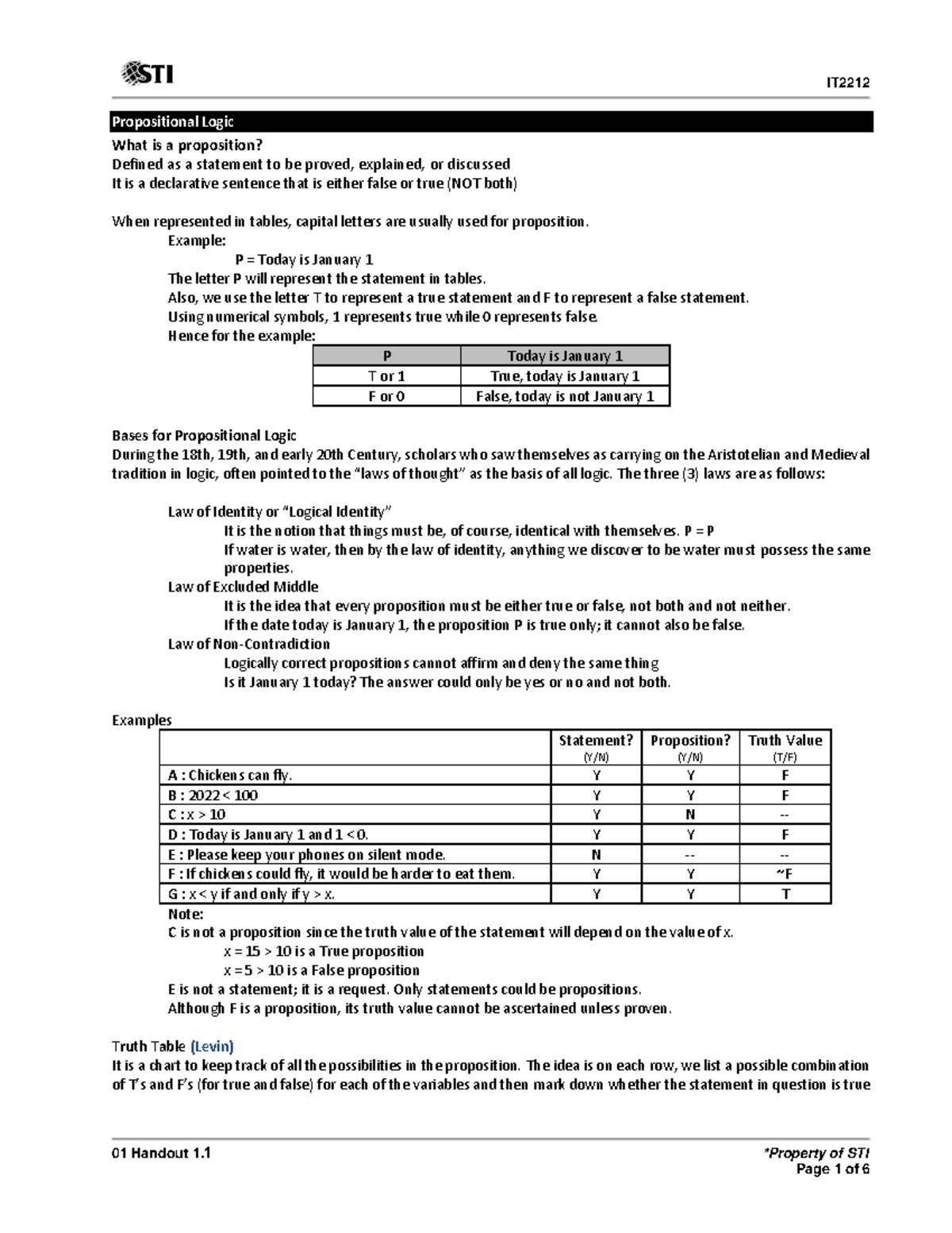 IT2212 Propositional Logic: Understanding Propositions and Truth Values ...
