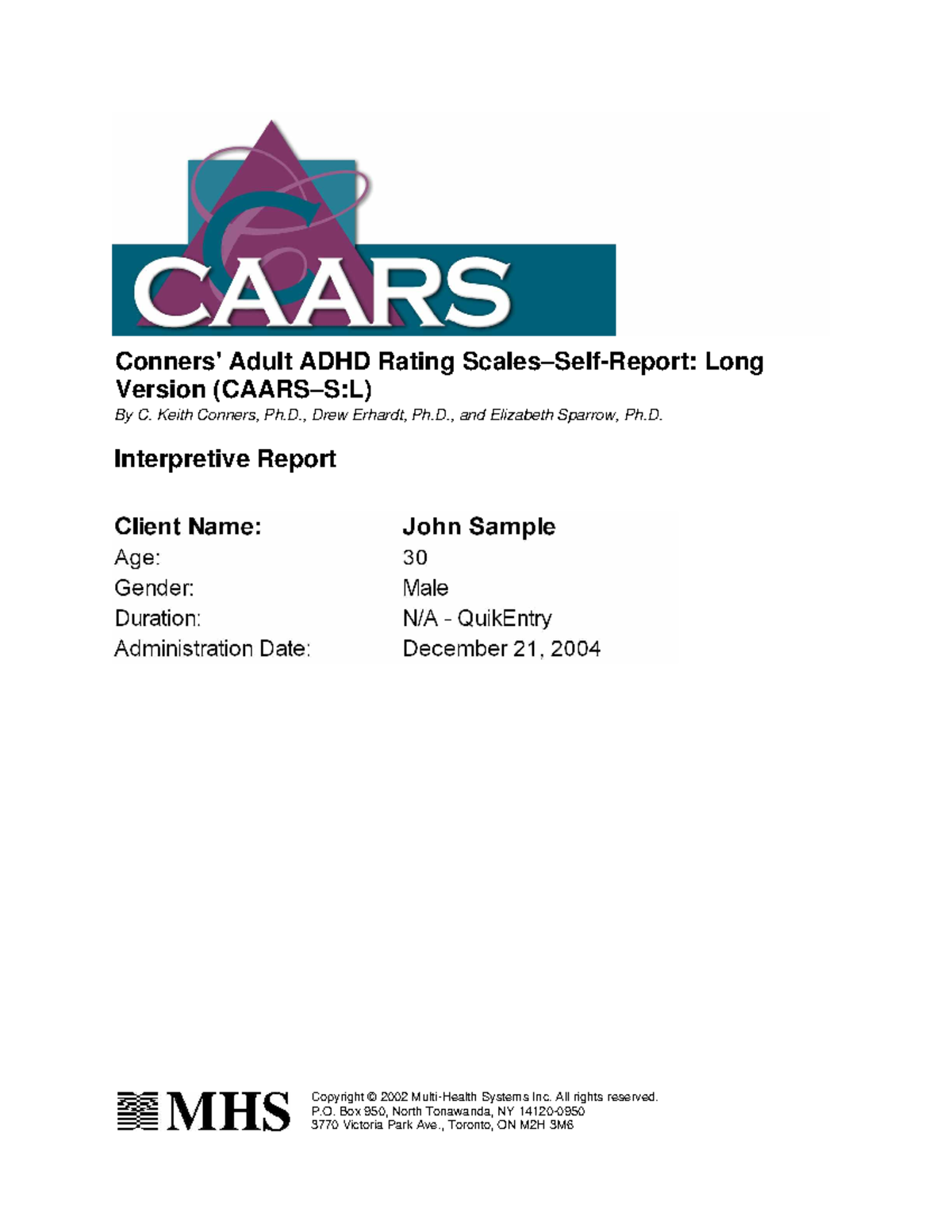 CAARS–S:L Adult ADHD Self-Report Evaluation Interpretation - Studocu