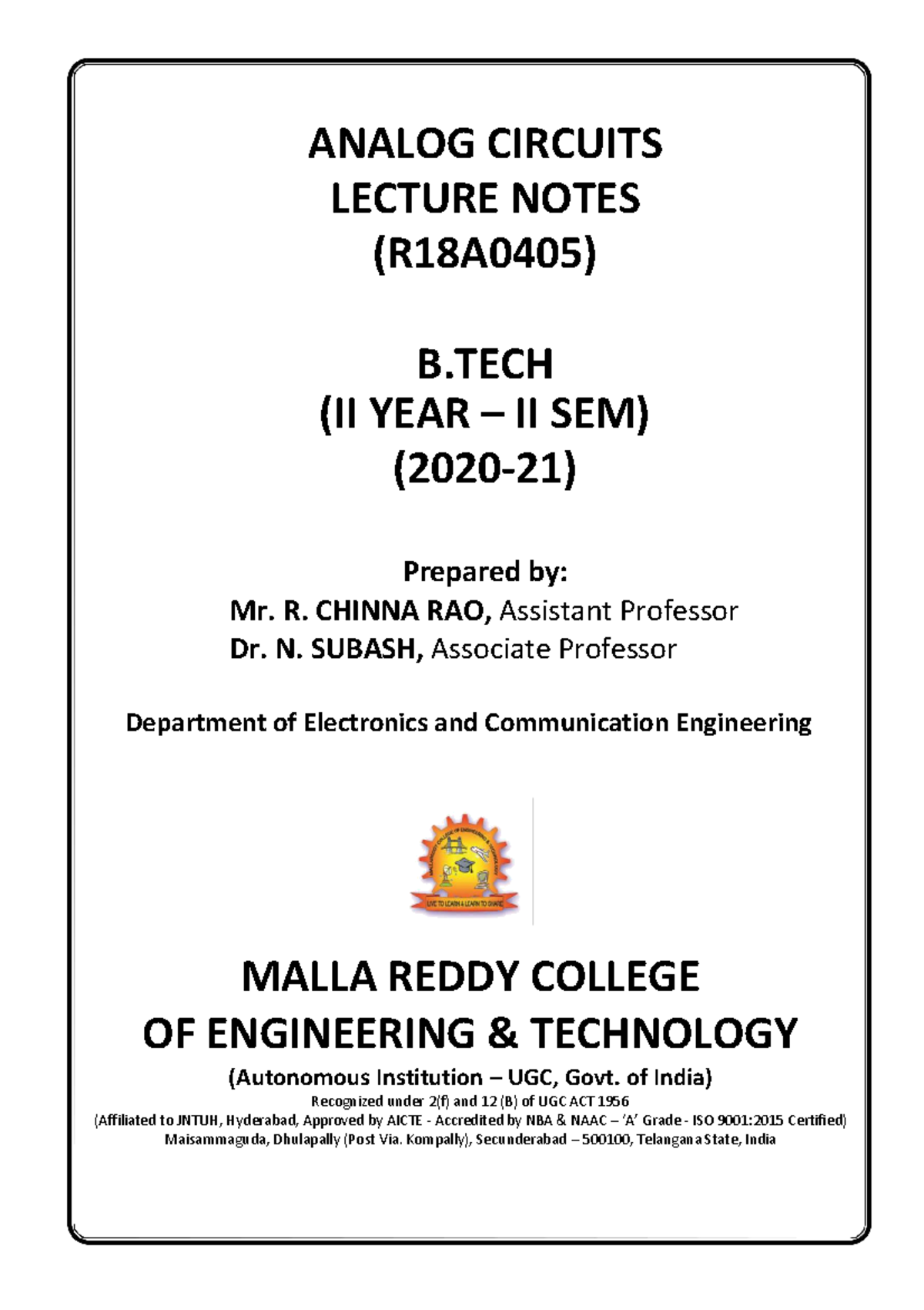 (R18A0405) Analog Circuits Lecture Notes for B.Tech ECE II Year - Studocu