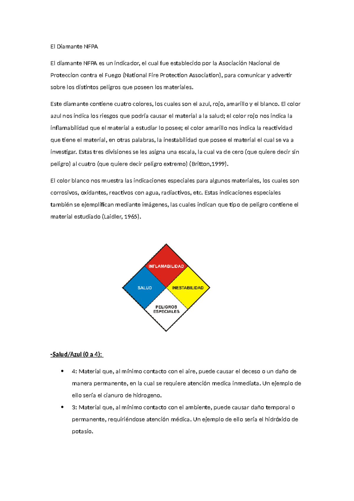 El Diamante NFPA: Indicador de Peligros de Materiales - Studocu