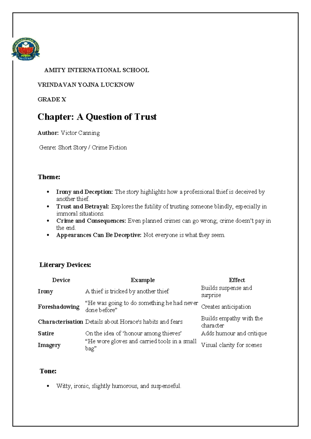 AMITY INTERNATIONAL SCHOOL GRADE X Chapter: A Question of Trust Analysis - Studocu