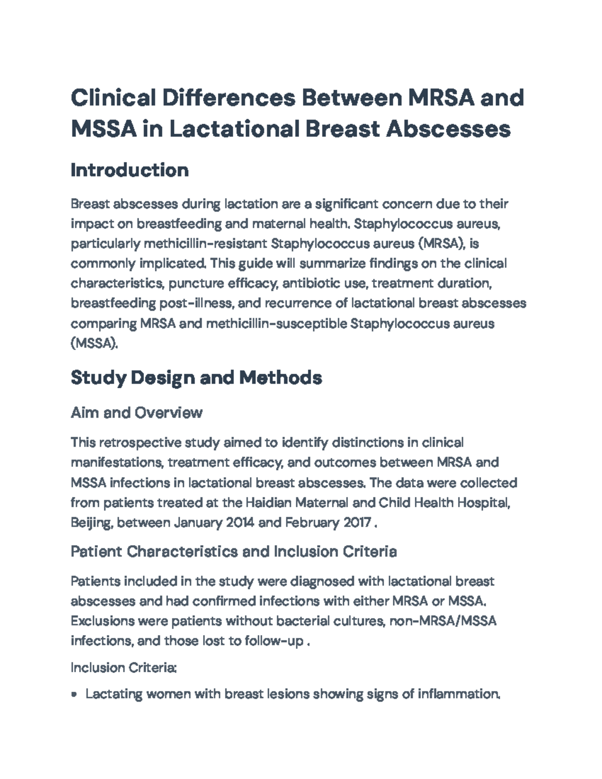 Clinical Comparison of MRSA vs MSSA in Lactational Breast Abscesses ...