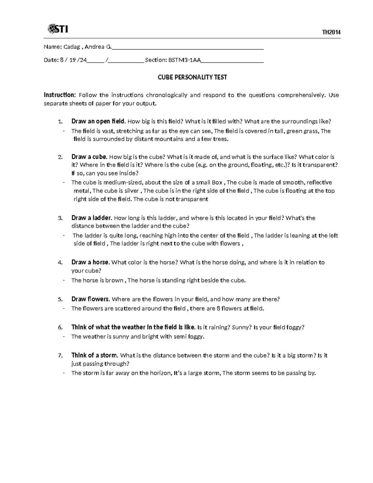CUBE PERSONALITY TEST SEATWORK - BSTM3-1AA by Cadag - Studocu