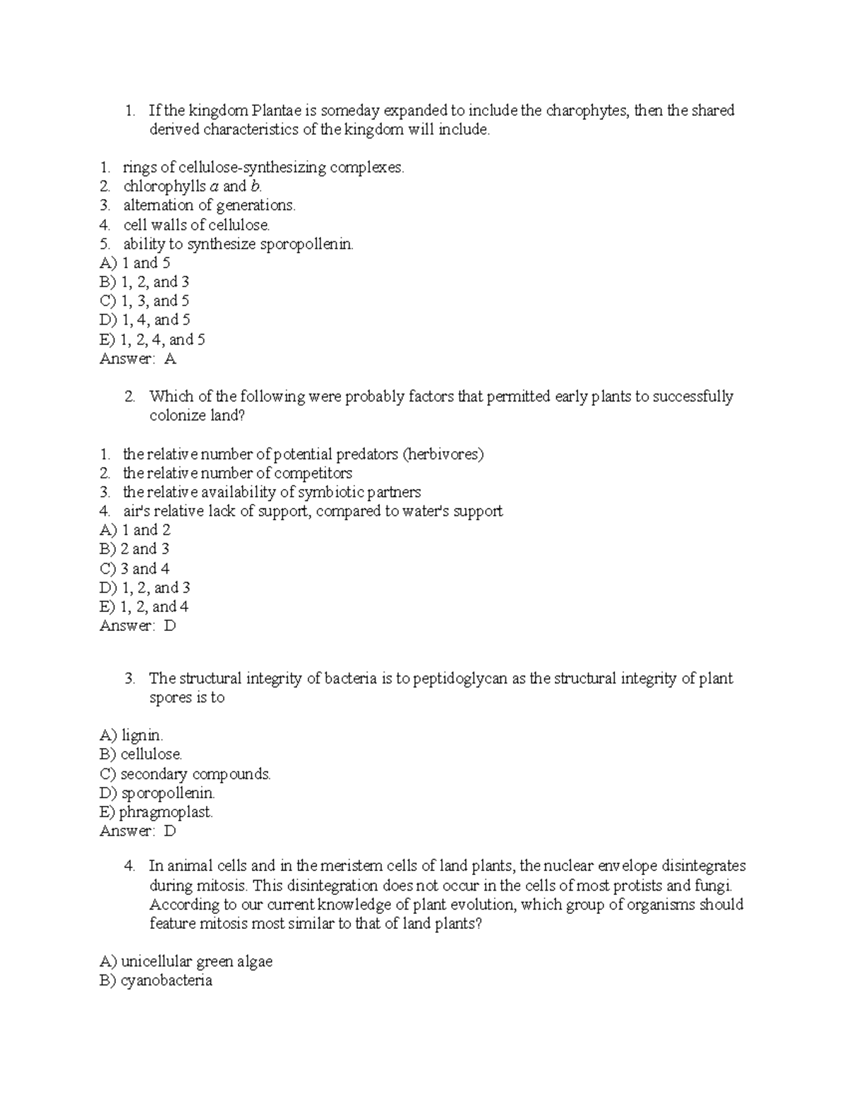 BIOL1030 Term 2 Final Exam Practice Questions on Plant Biology - Studocu
