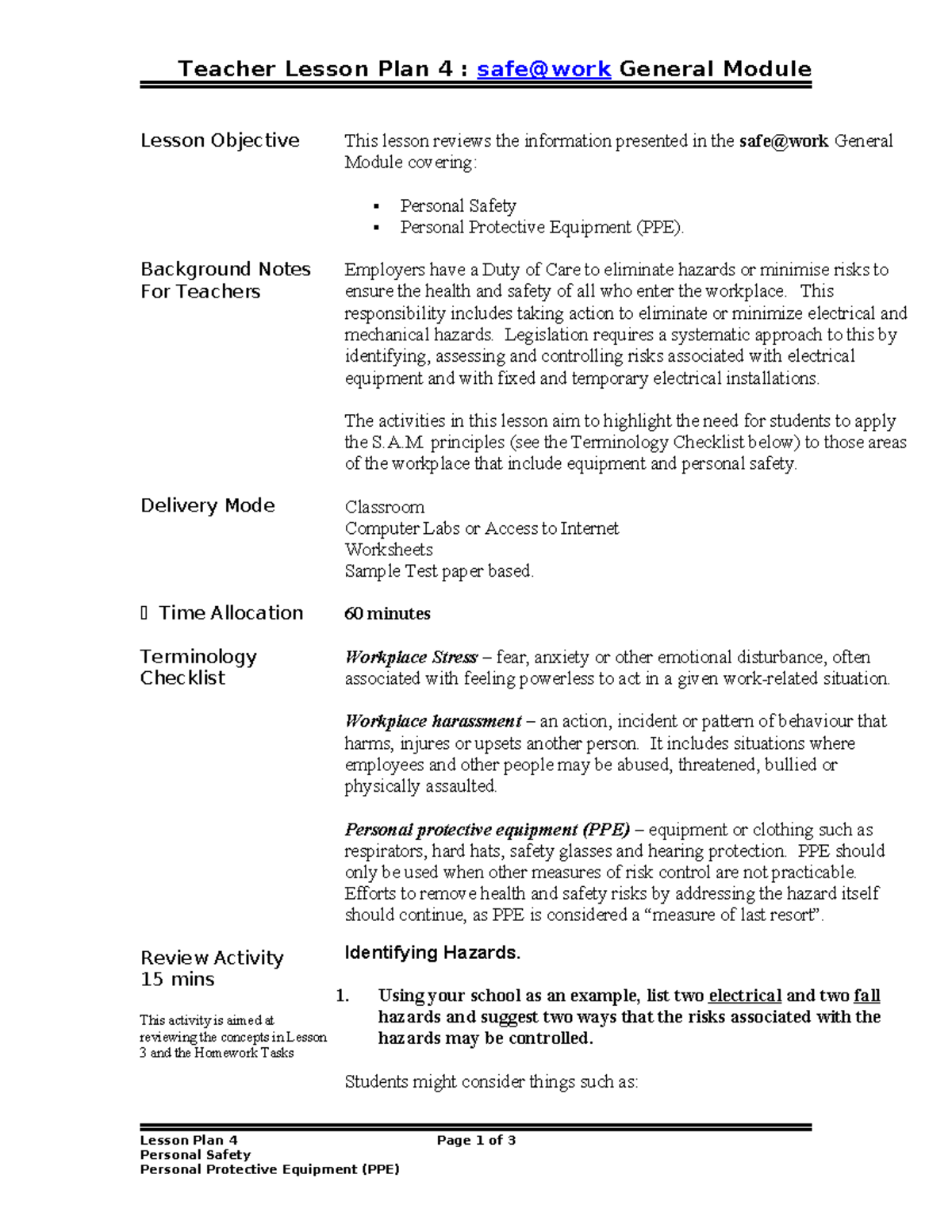 Teacher Lesson Plan 4: Personal Safety & PPE Overview - Studocu