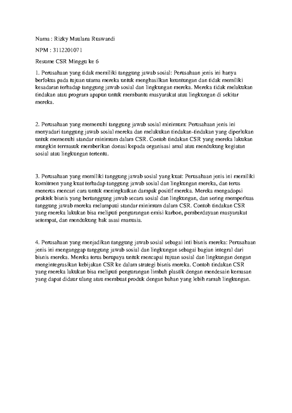 Resume CSR Pertemuan 6 - Analyzing Social Responsibility Levels - Studocu