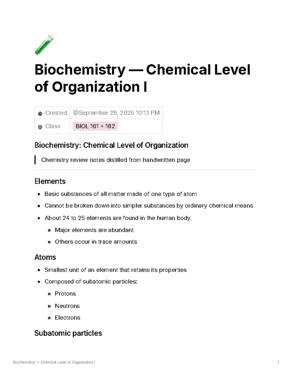 Biochemistry: Chemical Level of Organization I Study Notes (BIOL 161 ...