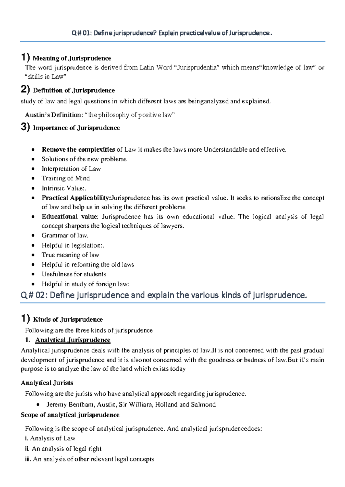 English jurisprudence notes - Q # 01: Define jurisprudence? Explain ...