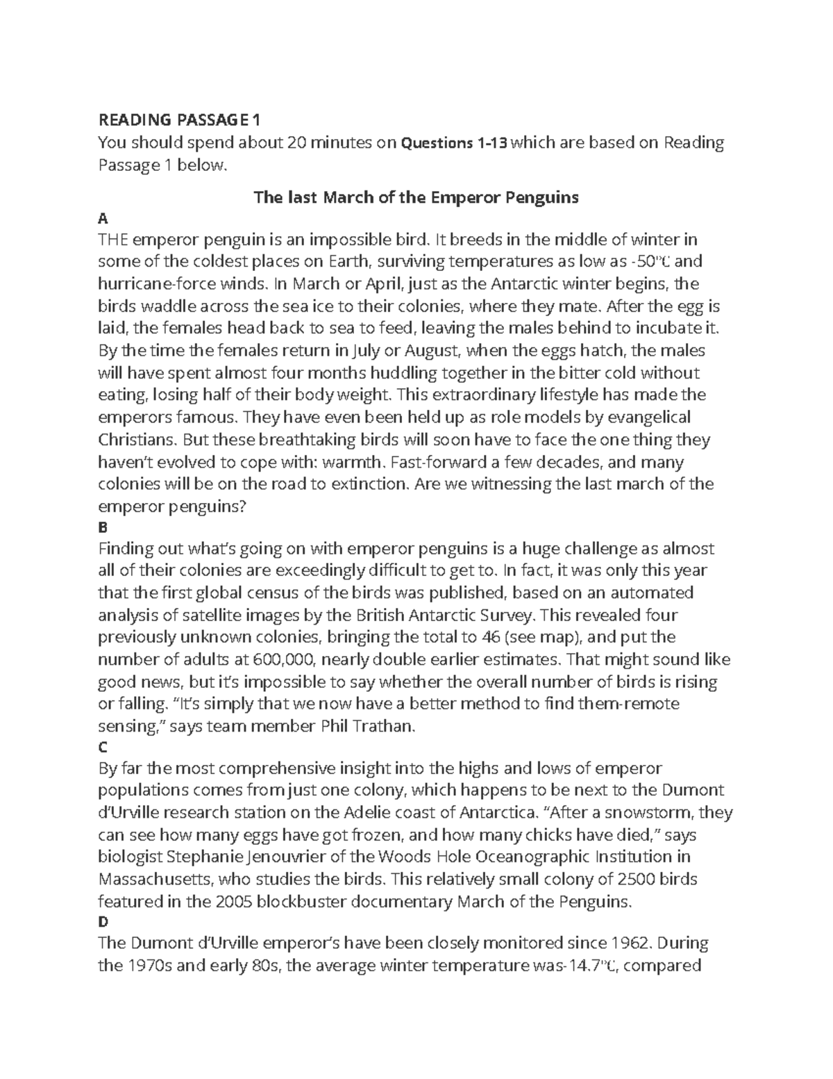 IELTS Reading Test 17: The Last March of Emperor Penguins and More ...