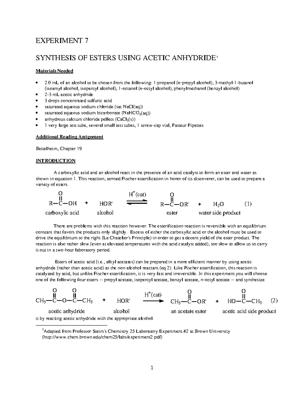 210expt7 - Lab Report on Ester Synthesis with Acetic Anhydride - Studocu