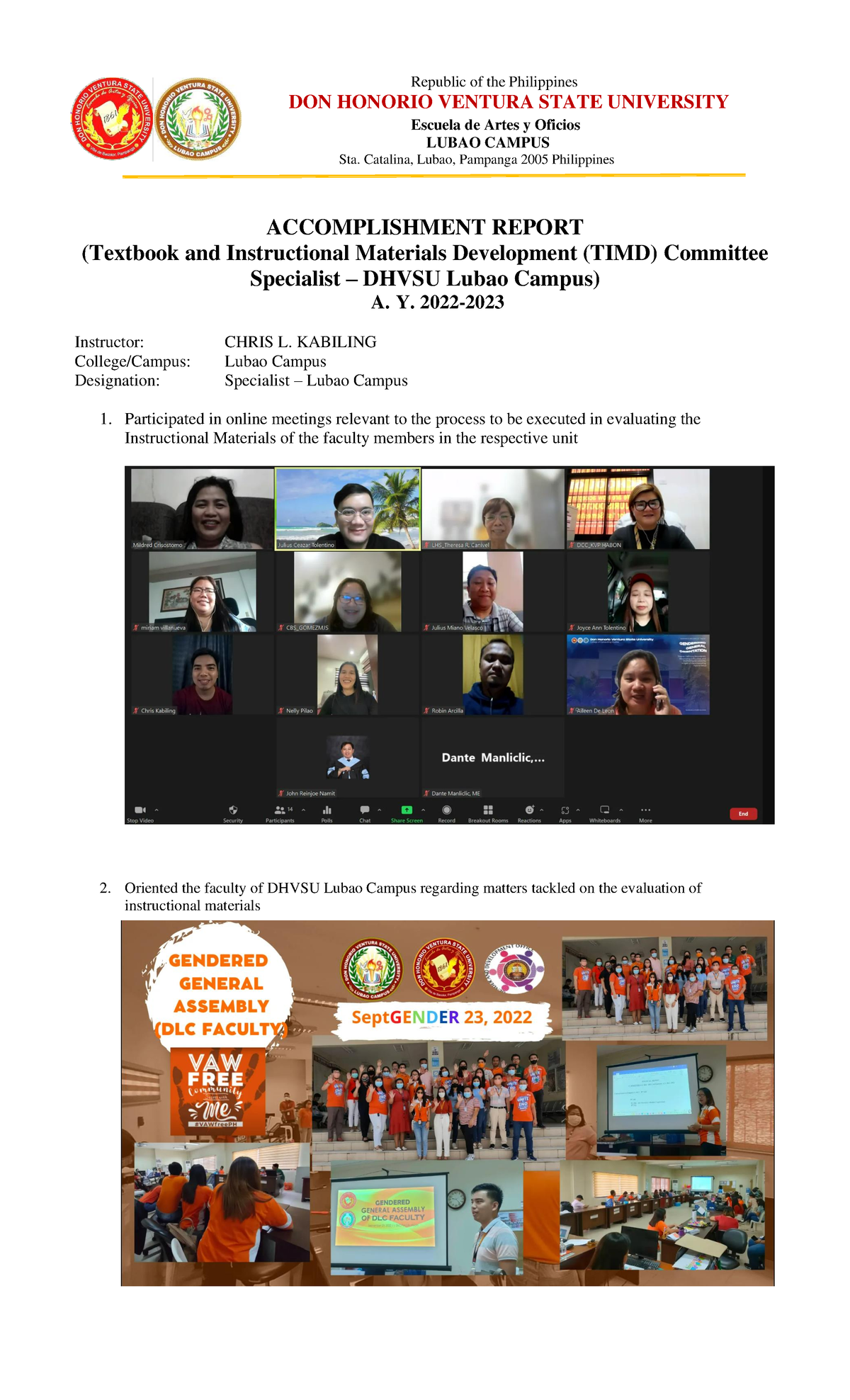 AR TIMD - good - Republic of the Philippines DON HONORIO VENTURA STATE ...