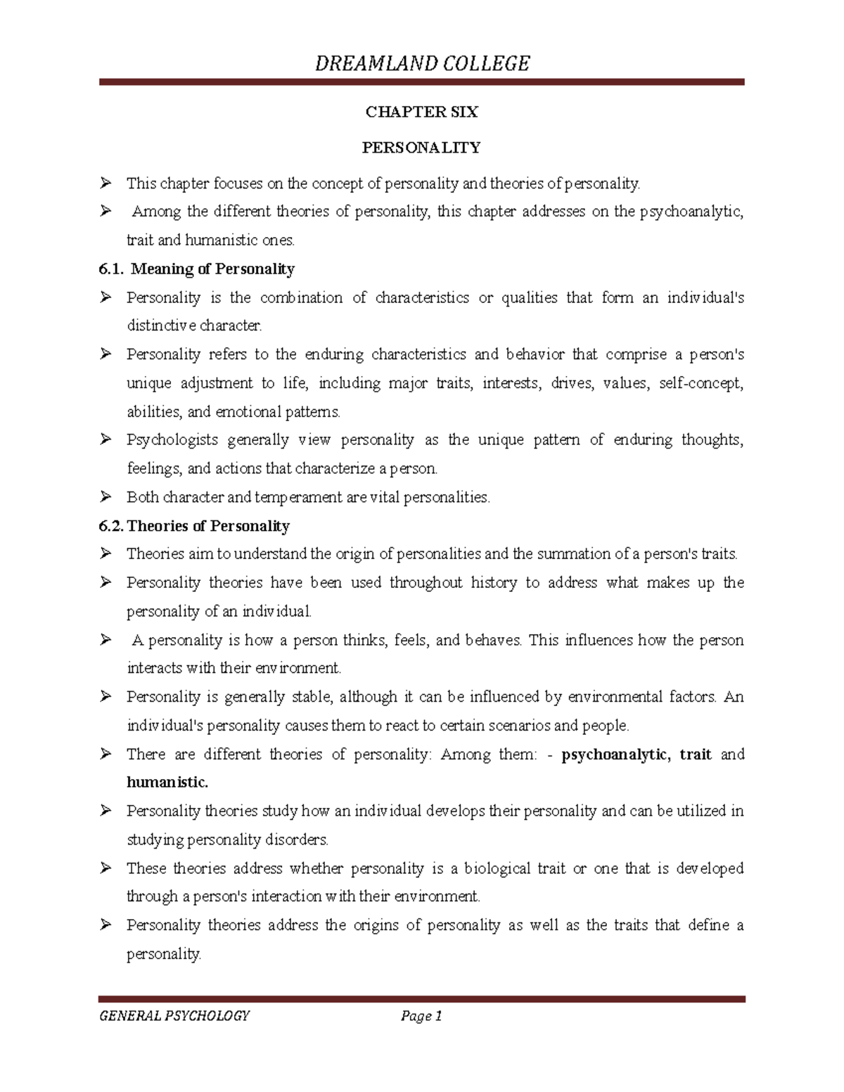 Psychology Chapter Six - CHAPTER SIX PERSONALITY This chapter focuses ...