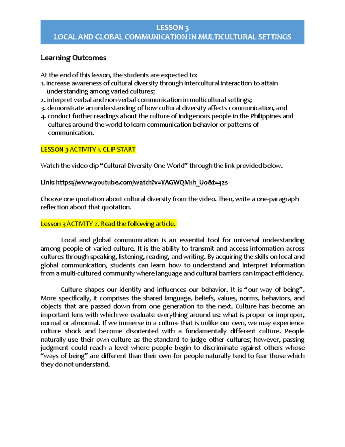 Lesson 3 Local AND Global Communication IN Multicultural Settings - 2021-2022 - LOCAL AND GLOBAL ...