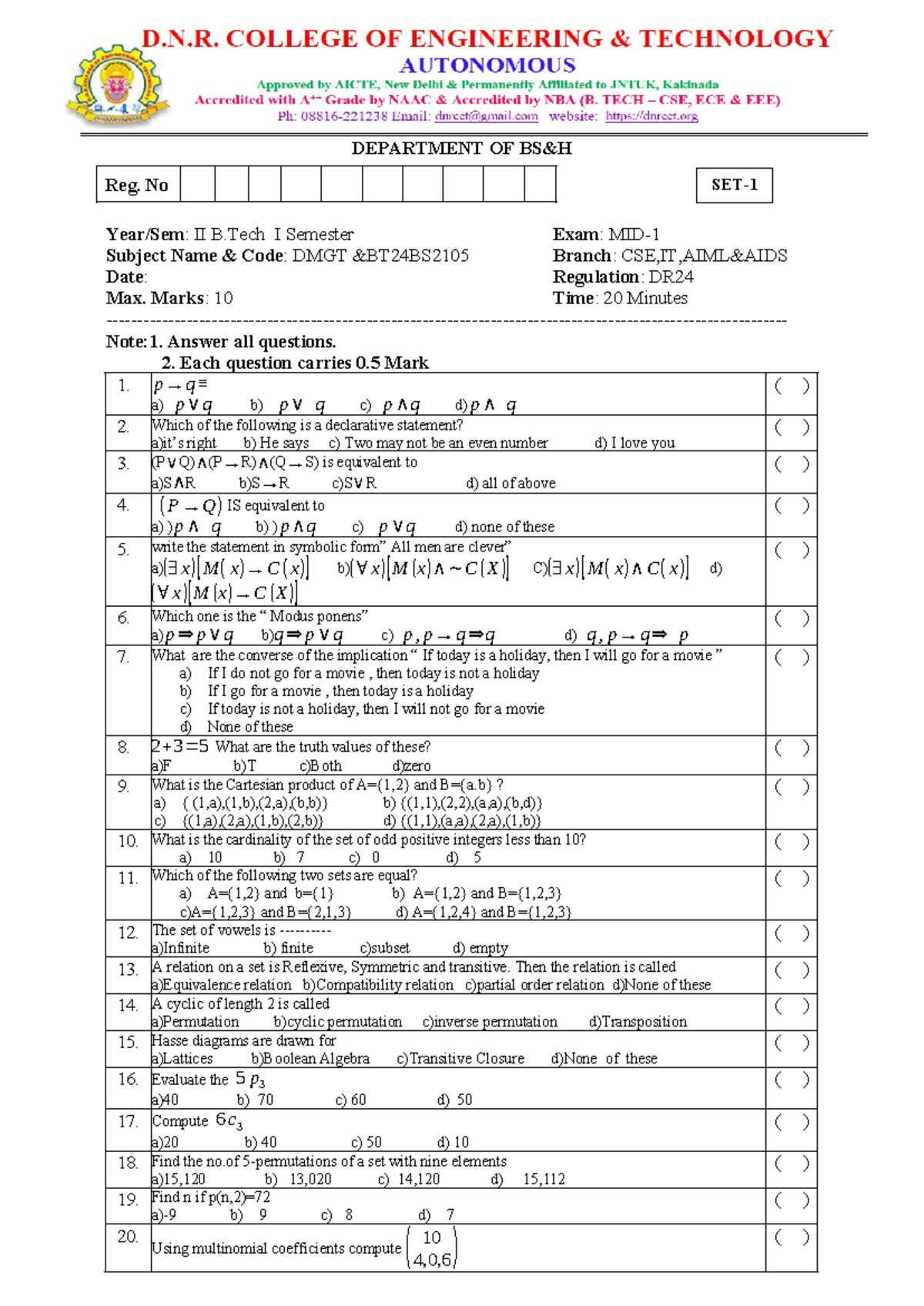 DMGT II B.Tech I Sem Final Exam: Discrete Mathematics & Graph Theory ...