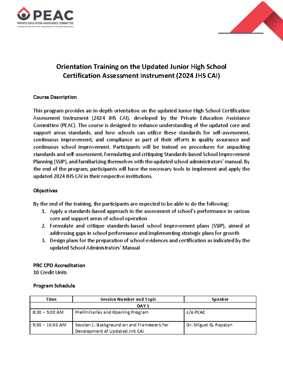 2024 JHS CAI Orientation Training: Enhancing Educational Standards ...