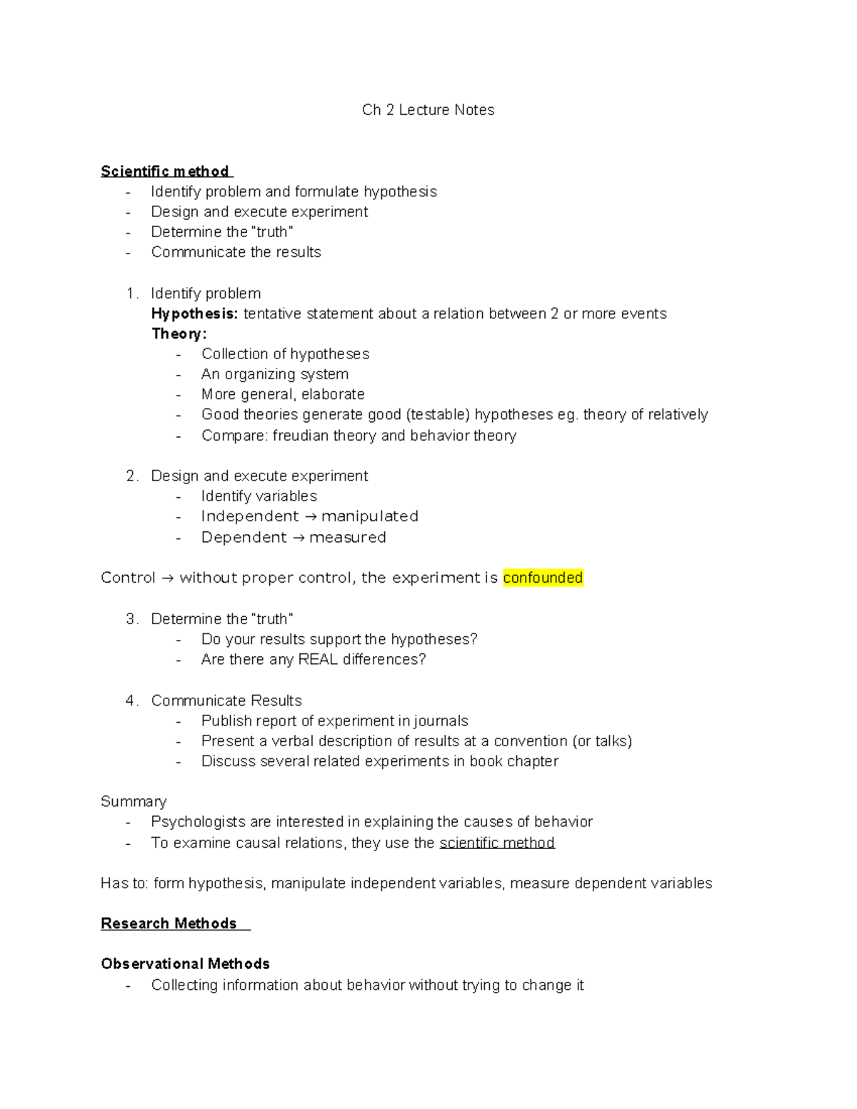 Psych - Ch 2 Lecture Notes: Scientific Method & Research Design - Studocu
