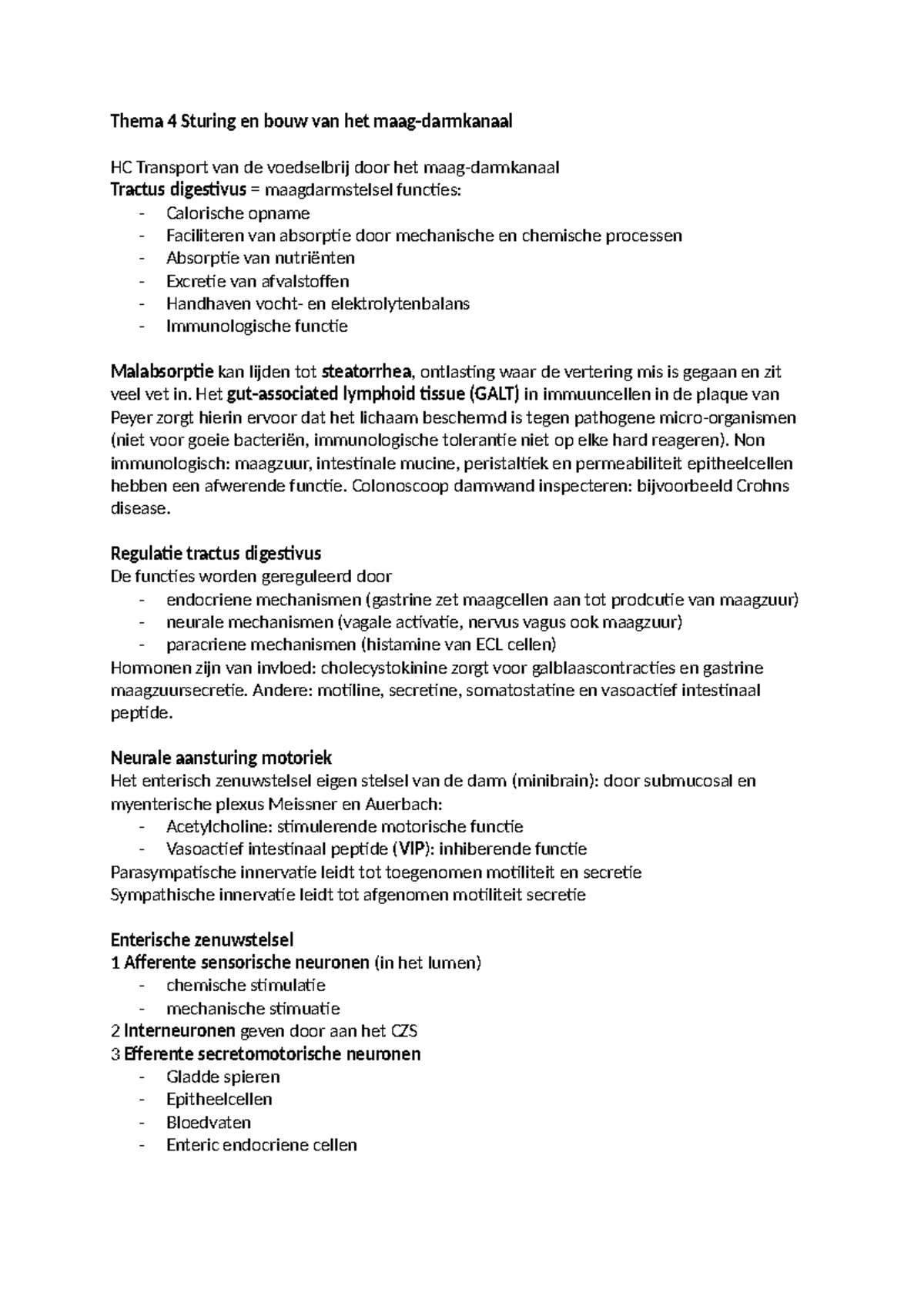 Thema 4 - Sturing en Bouw van het Maag-Darmkanaal en Functies - Studeersnel