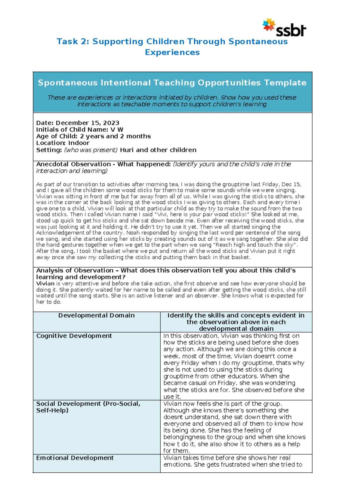 CHCECE042 Assessment 2: Supporting Children's Spontaneous Learning ...