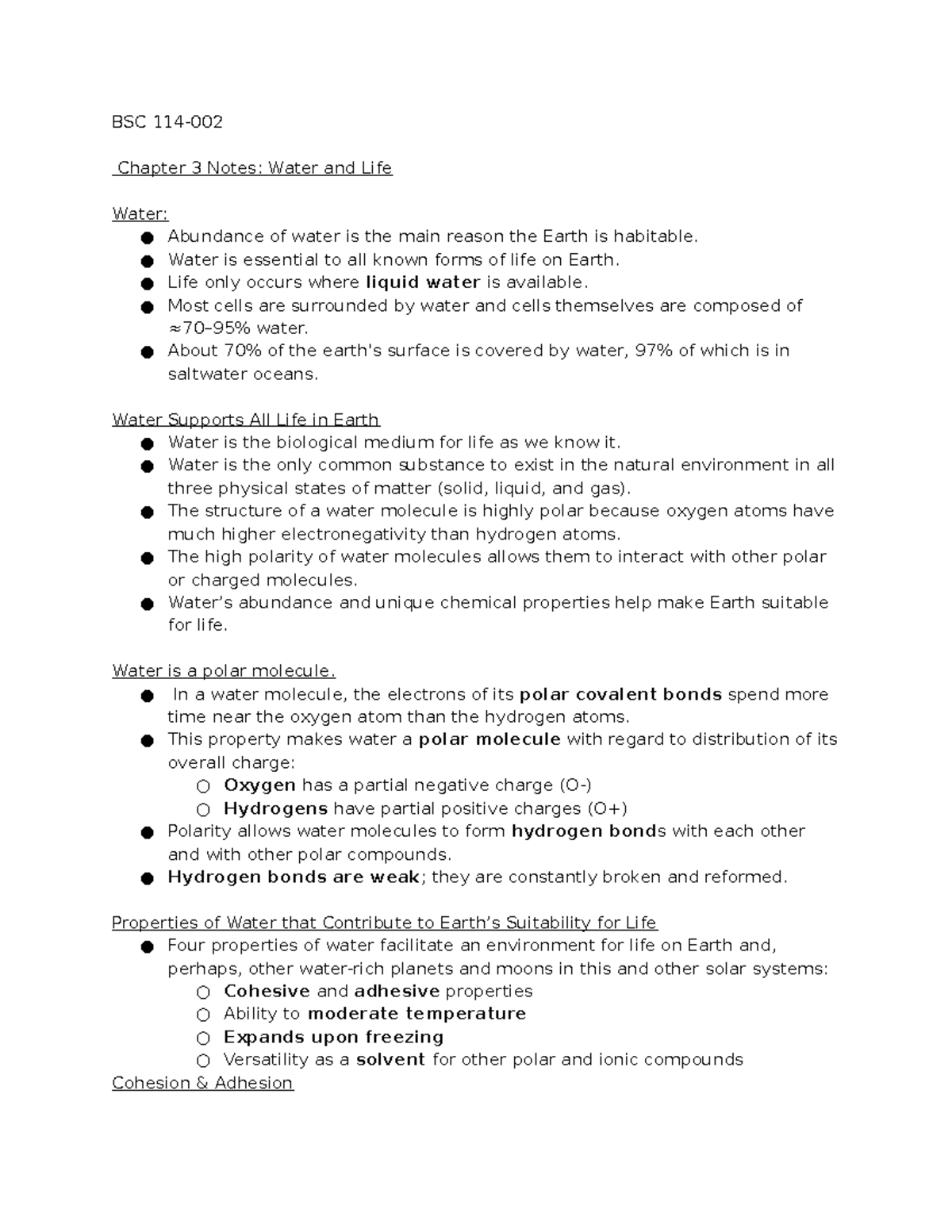 BSC 114-002 (Final Notes on Chapter 3: Water and Life) - Studocu