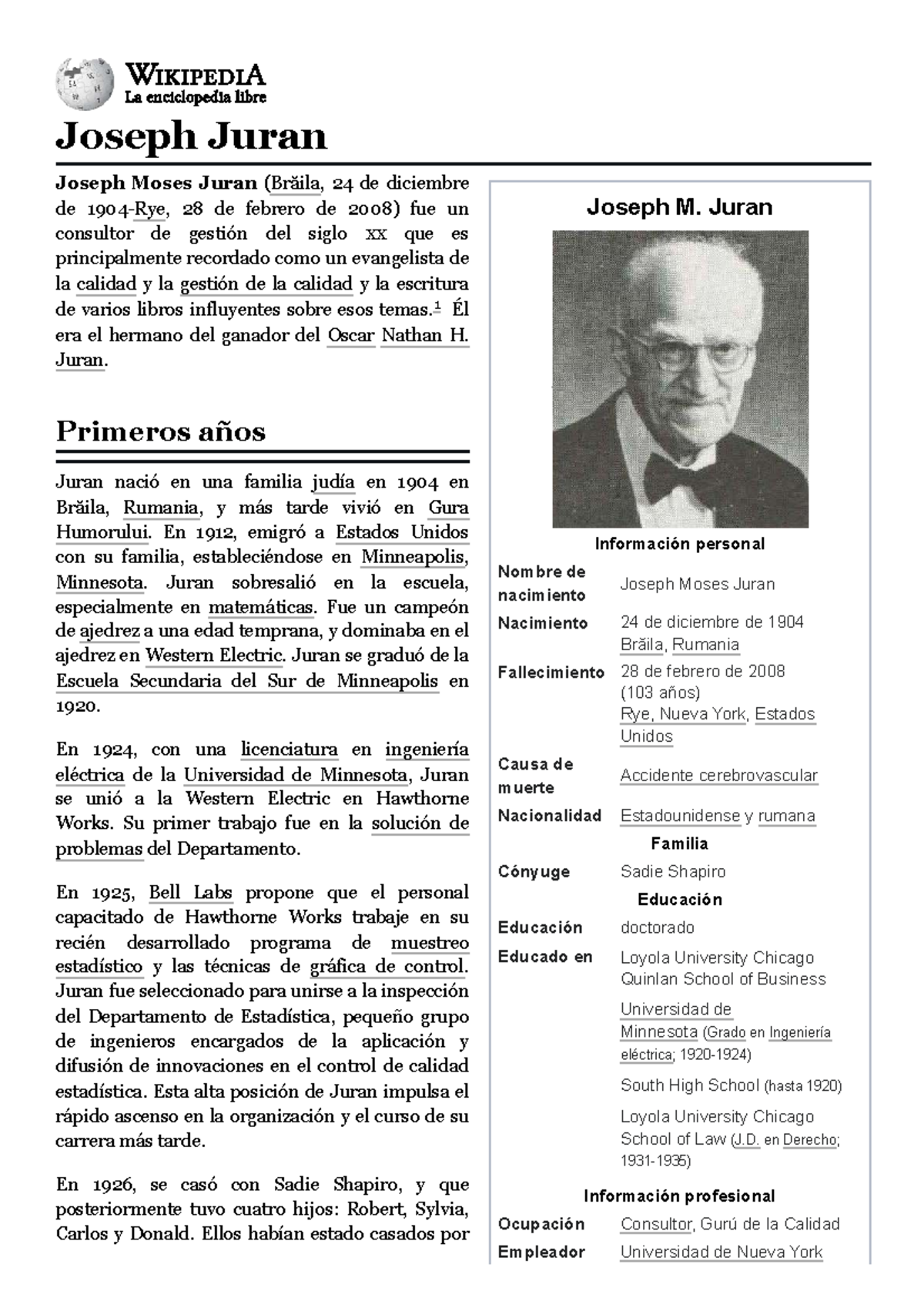 Joseph Juran: Pionero en Gestión de Calidad y Control (Historia) - Studocu