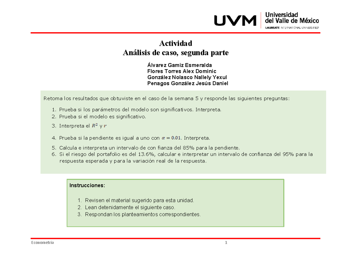 A10 Econometría: Análisis de Caso y Resultados de Regresión - Studocu