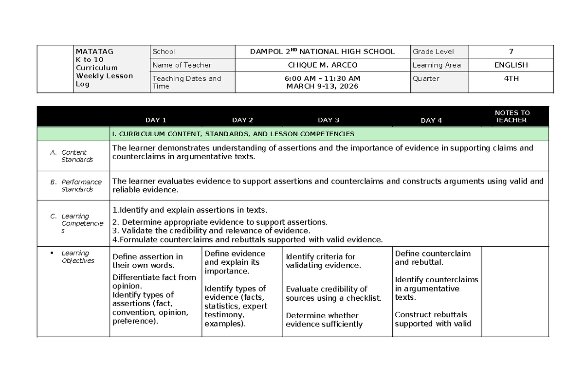 DLL Lesson 6: Understanding Assertions and Evidence in English - Studocu
