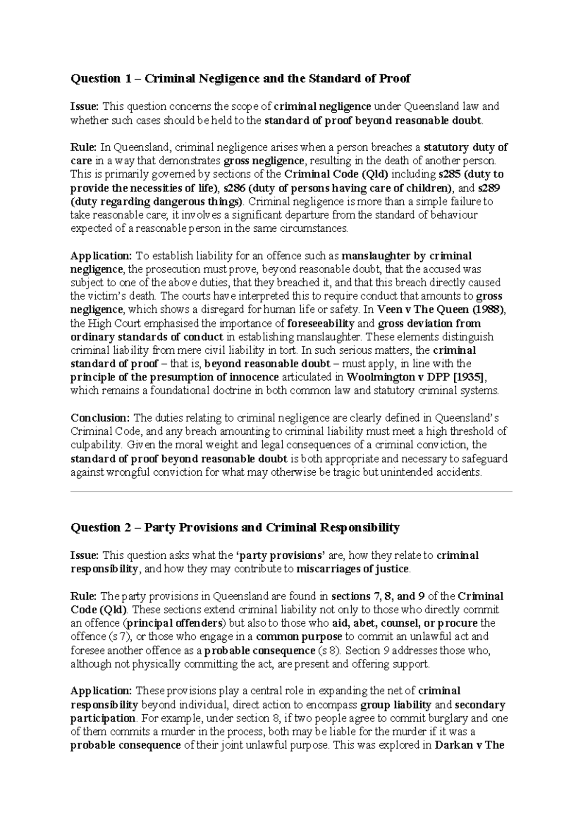 Criminal Law (Qld) Final Exam: Negligence, Party Provisions & Defences ...