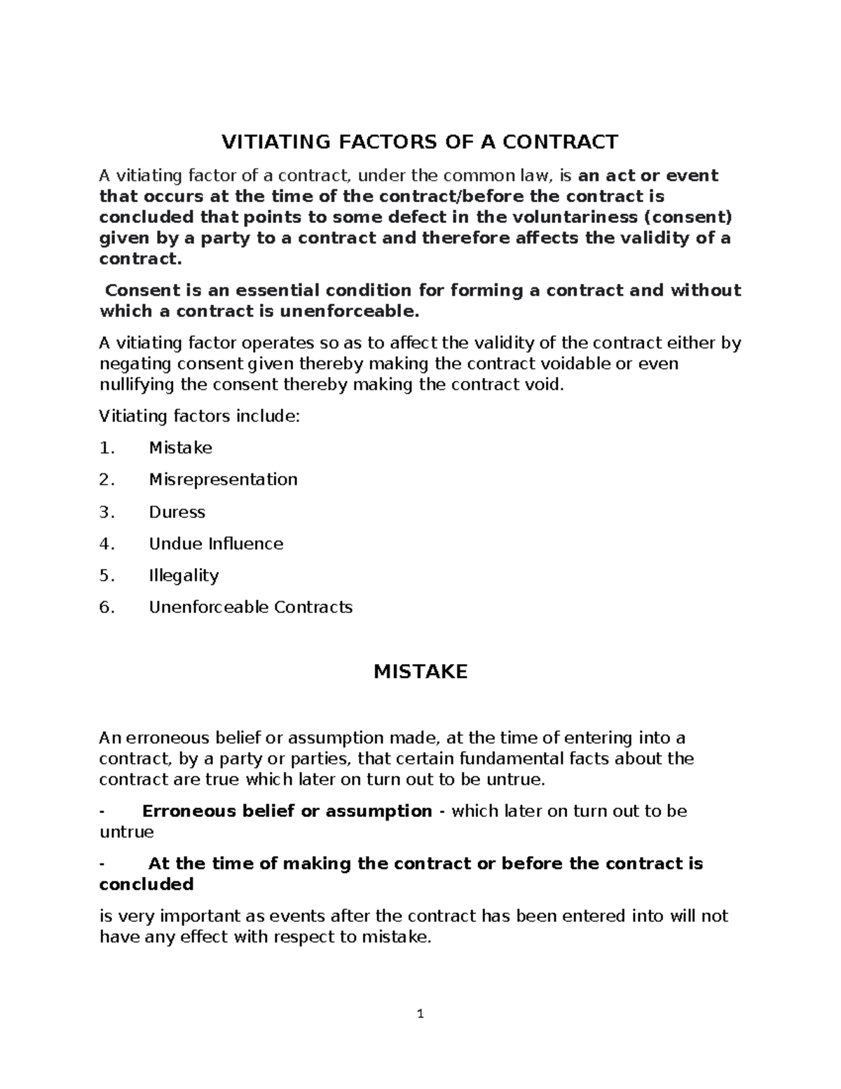 VITIATING FACTORS OF A CONTRACT: MISTAKE ANALYSIS - Studocu