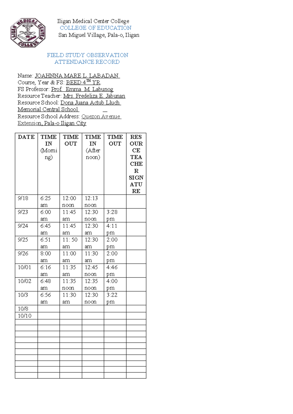 DTR Sample for BEED 4th Year FS - Attendance Record - Studocu