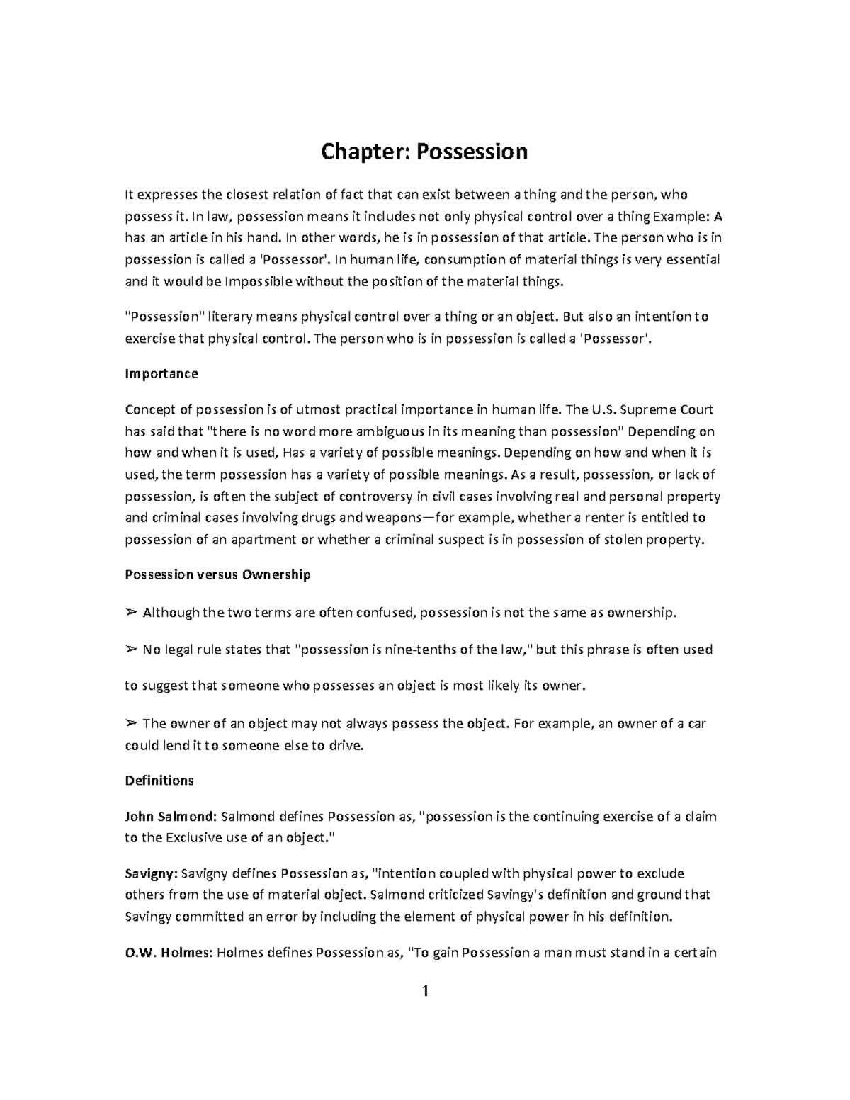 Possession in Jurisprudence: Key Concepts and Definitions Notes - Studocu