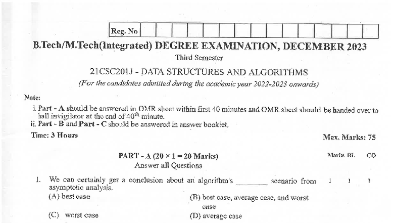 21CSC201J DATA STRUCTURES AND ALGORITHMS - December 2023 Previous Year ...