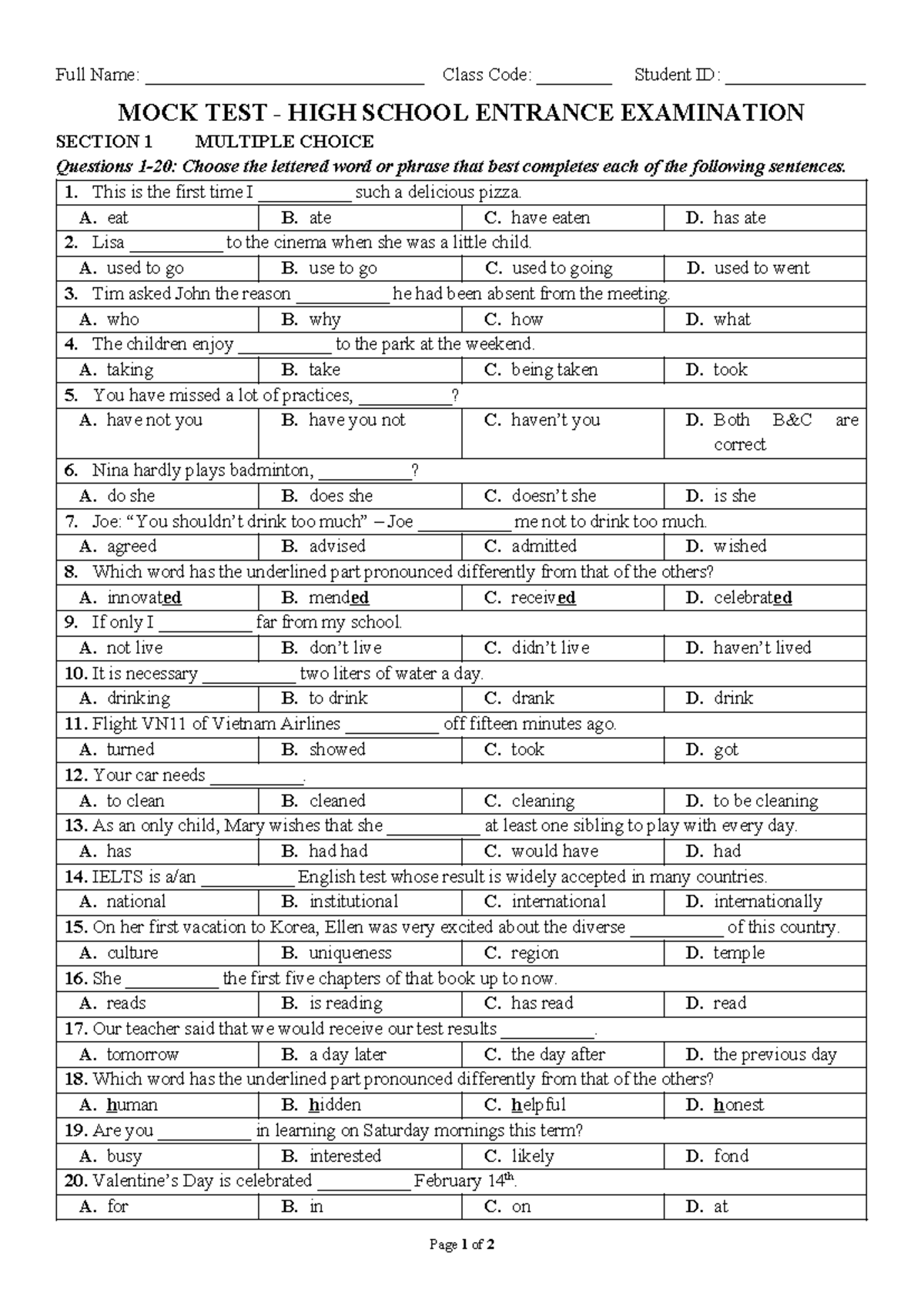 Grammar Mock Test - Full Name: ______________________________ Class ...