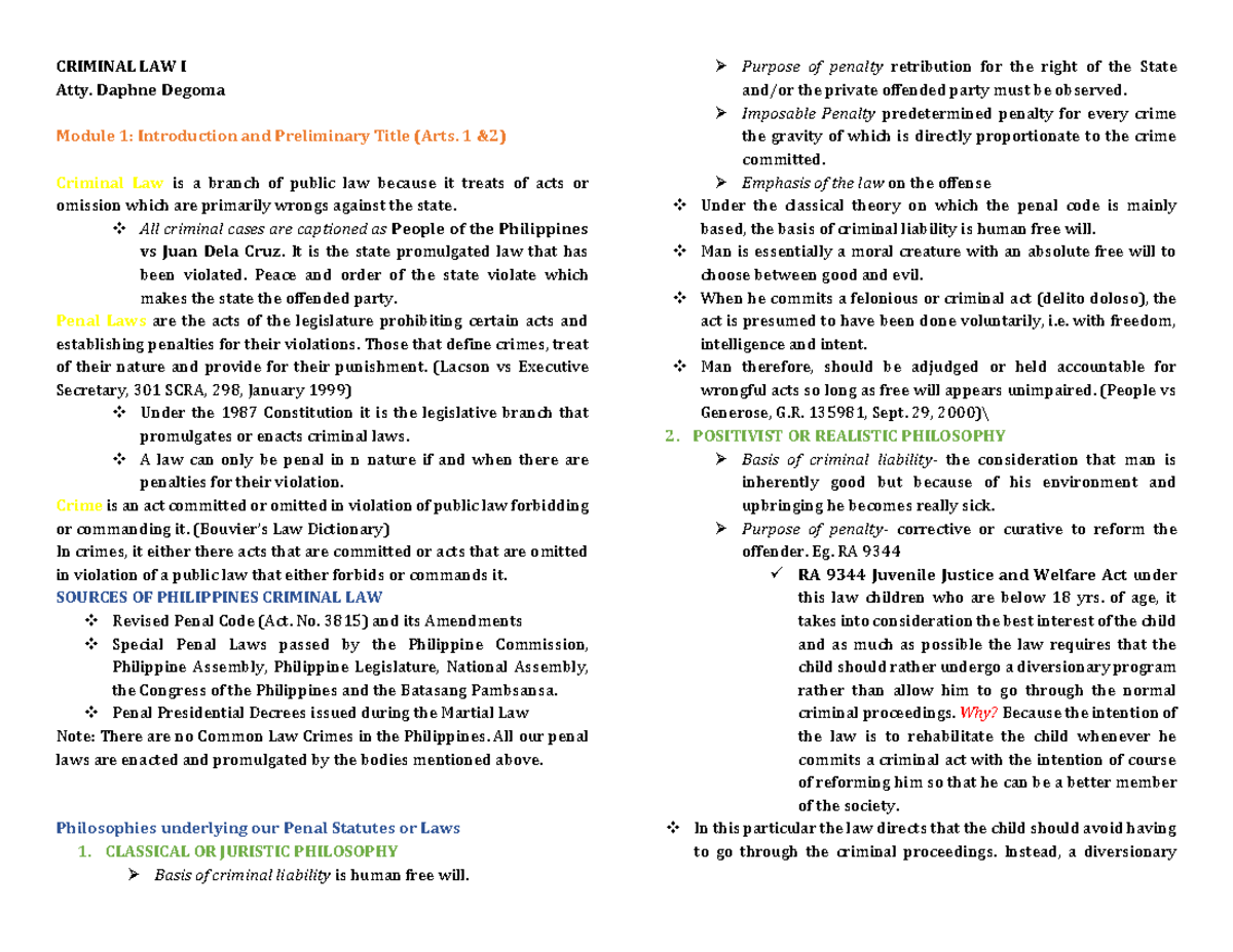 Criminal Law I Notes (Module 1 & 2): Concepts and Principles - Studocu
