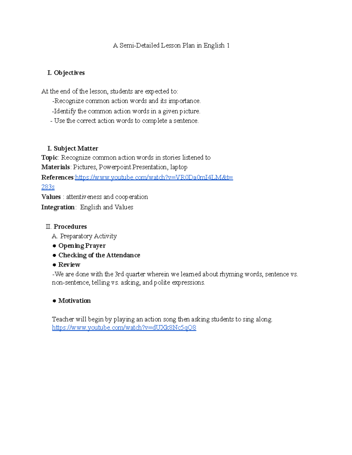 English 1 - Lesson Plan on Common Action Words for Students - Studocu