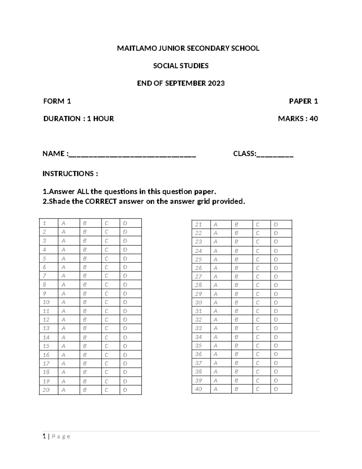 Maitlamo Social Studies Form 1 - End of Sept 2023 Test Paper Review ...