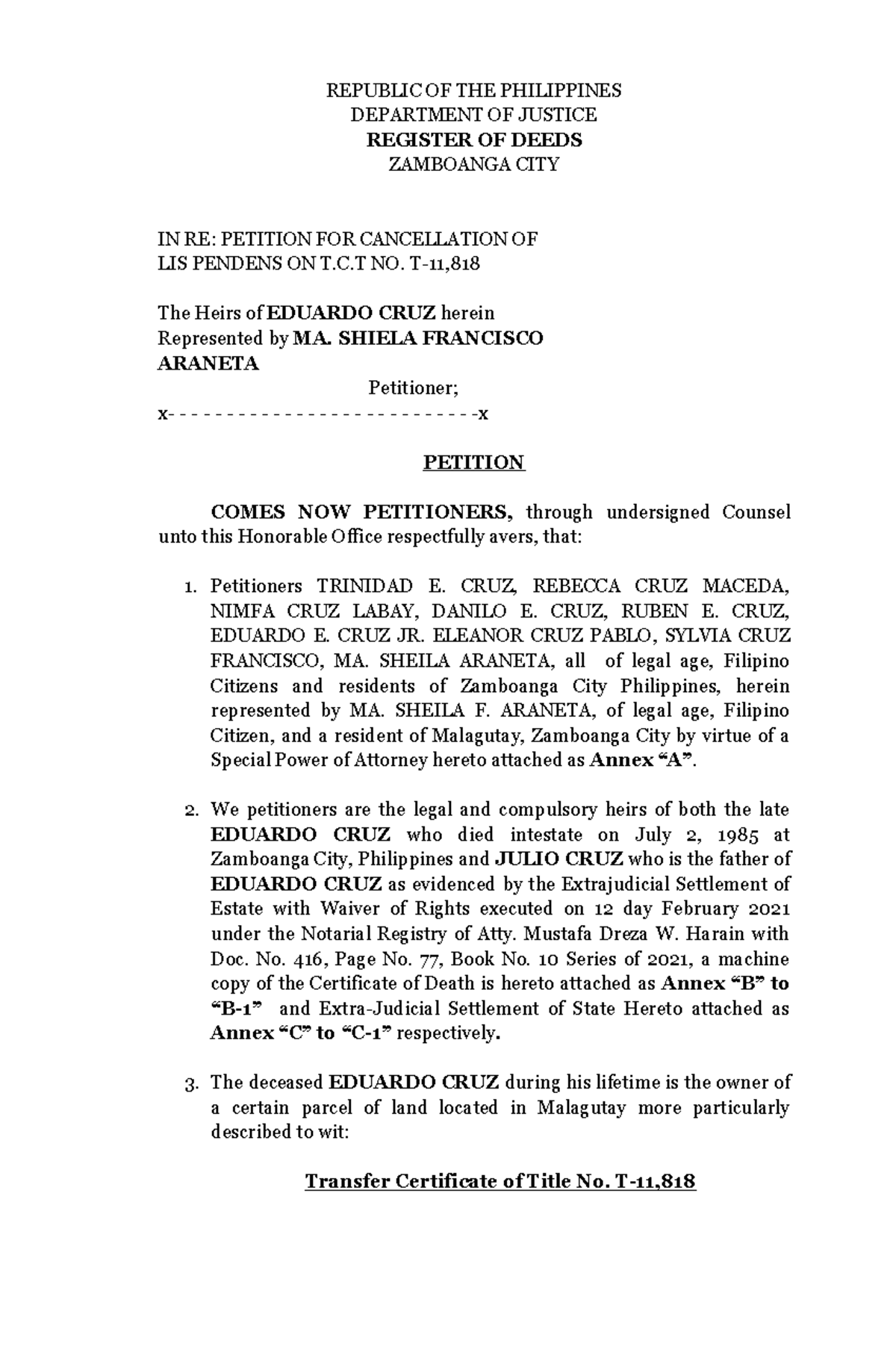 Petition for Cancellation of Lis Pendens on T.C.T. No. T-11 - Studocu