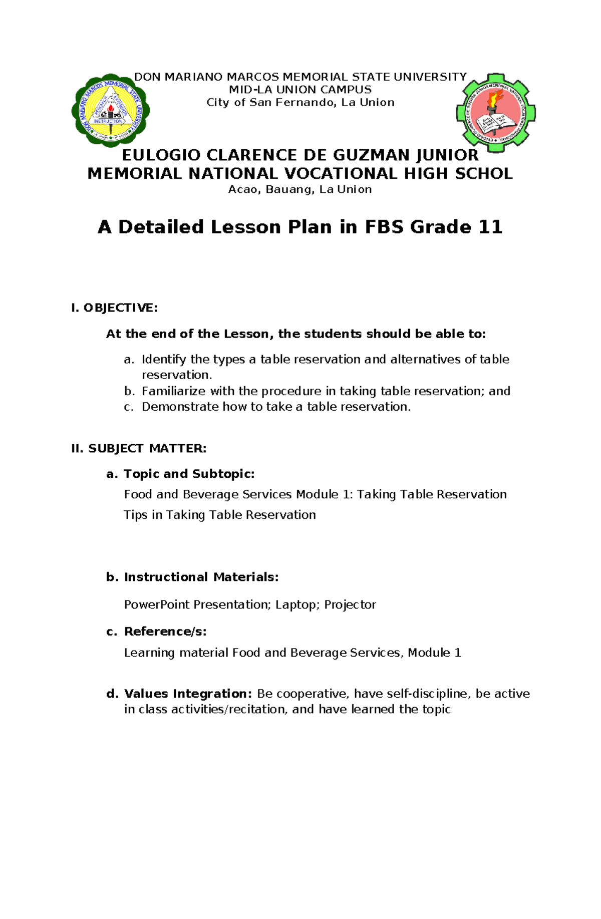 FBS Grade 11 Lesson Plan: Module 1 - Table Reservation Techniques - Studocu