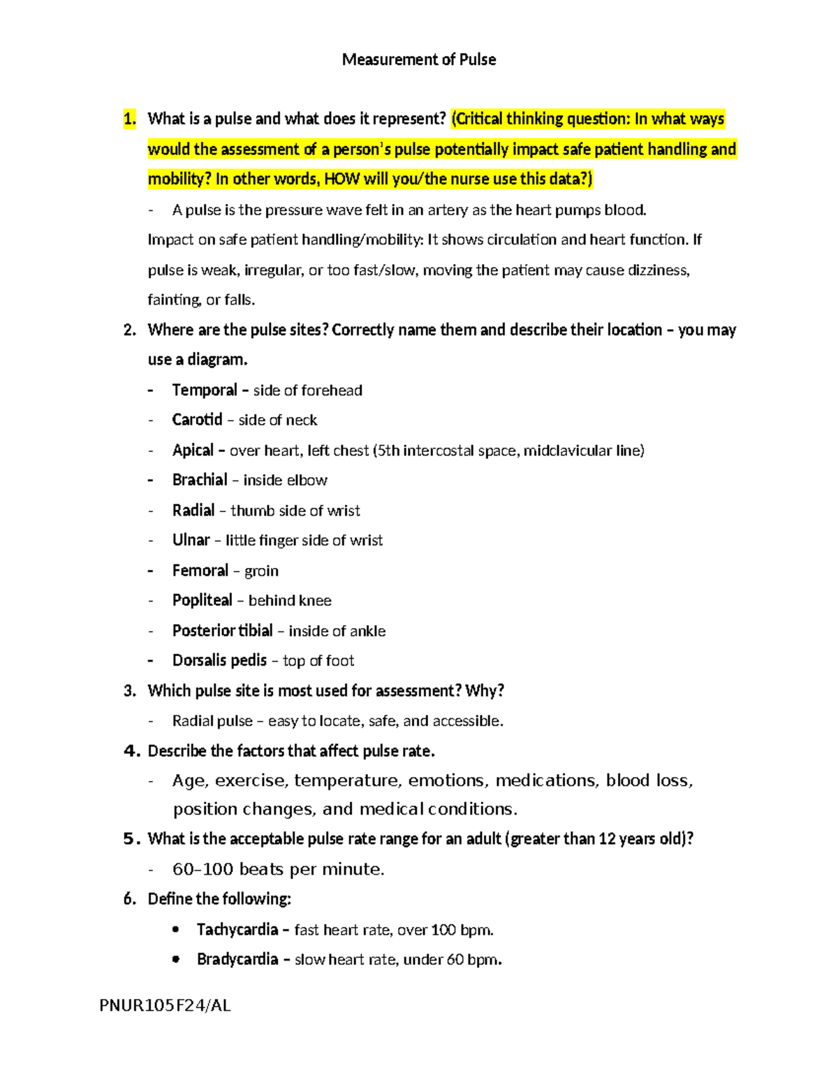 Measuring Pulse: Key Concepts and Clinical Implications (NUR 101) - Studocu