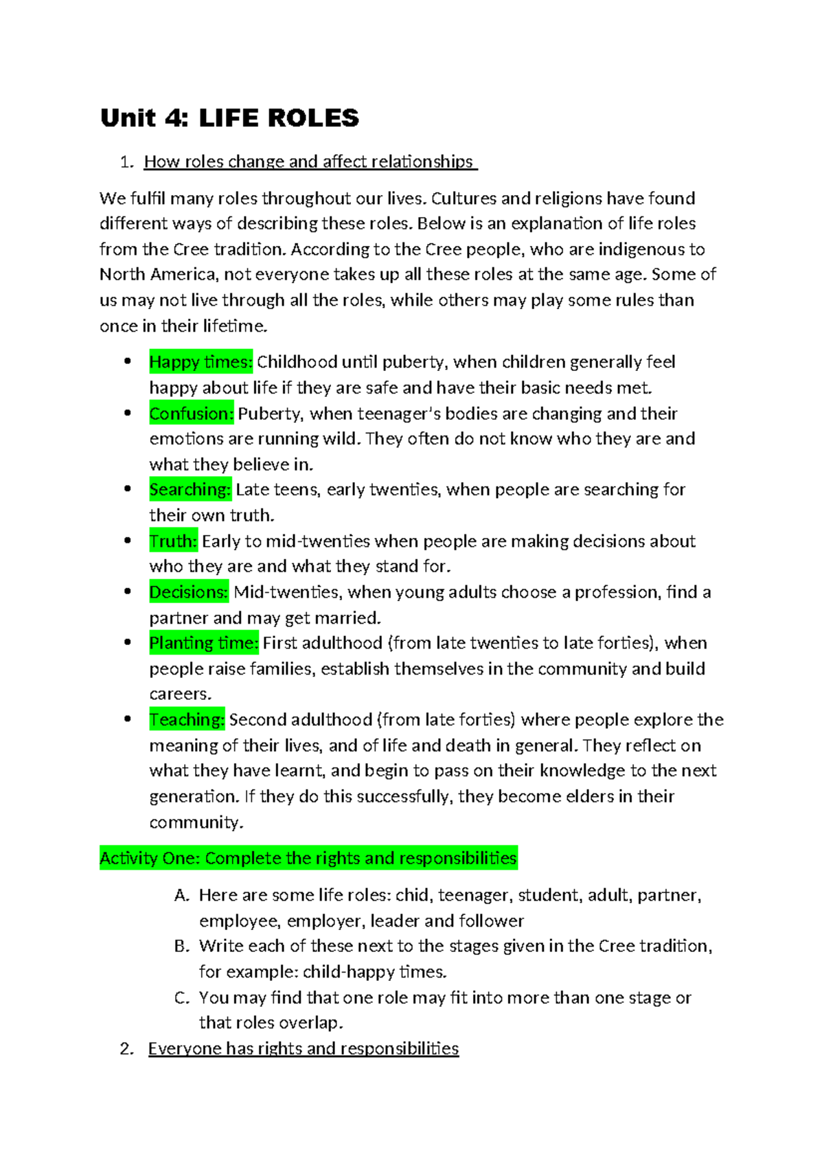 Unit 4: Life Roles and Their Impact on Relationships in Grade 10 Life ...