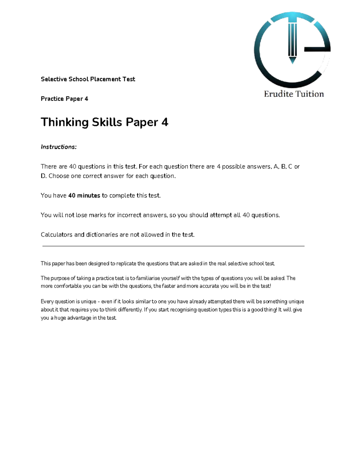 Selective School Placement Test Practice Paper 4 - Thinking Skills ...