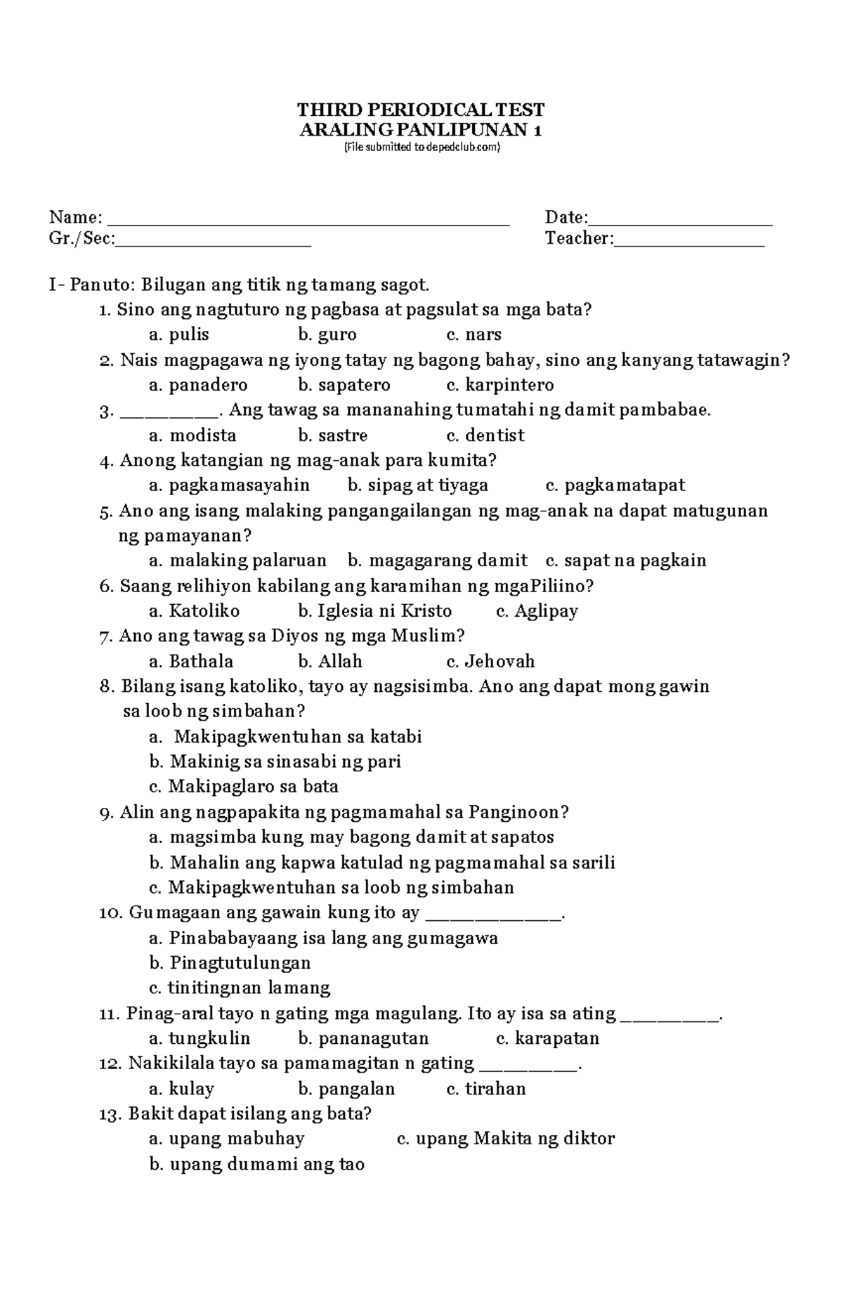 PT Araling Panlipunan 1 Q3: Third Periodical Test Questions - Studocu