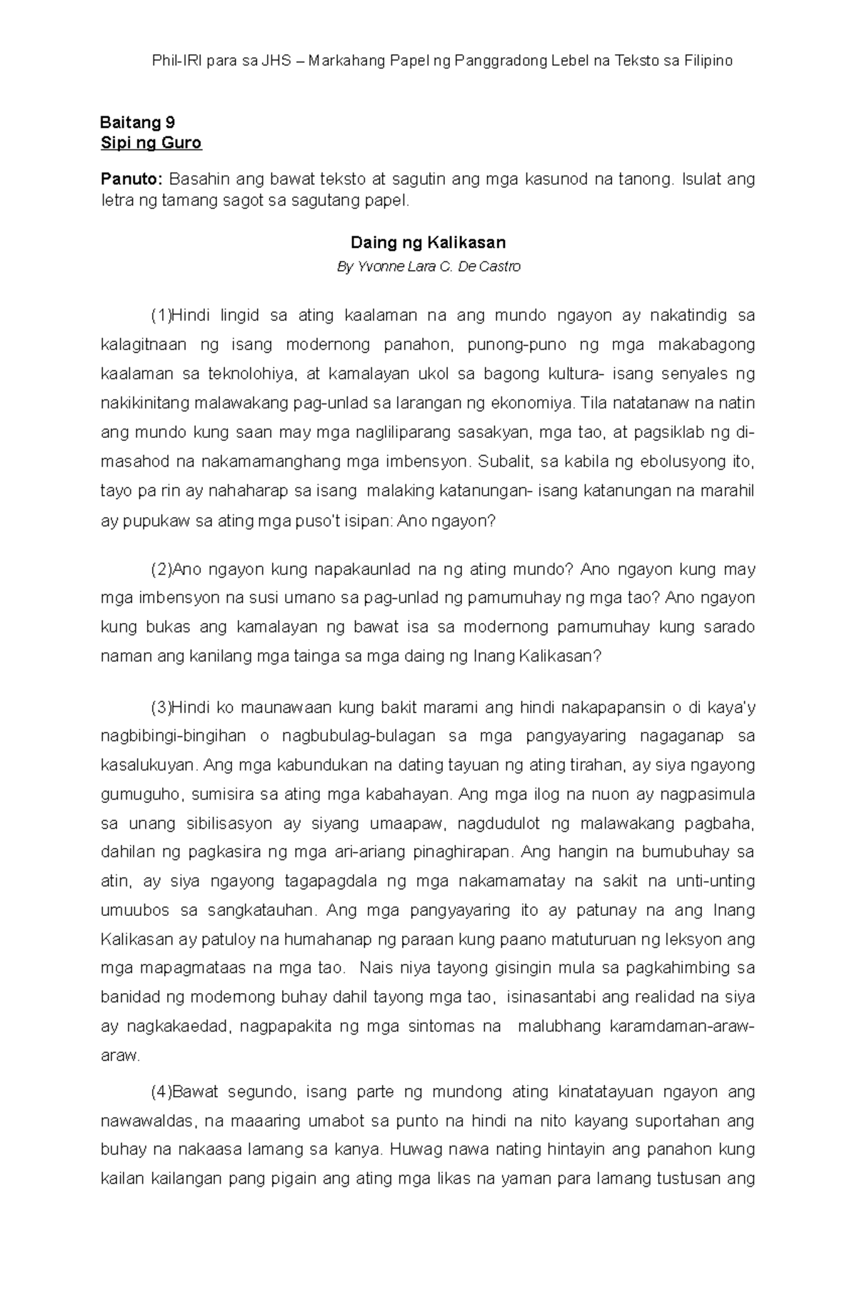 Filipino 9 para sa guro 1 - Baitang 9 Sipi ng Guro Panuto: Basahin ang bawat teksto at sagutin ...