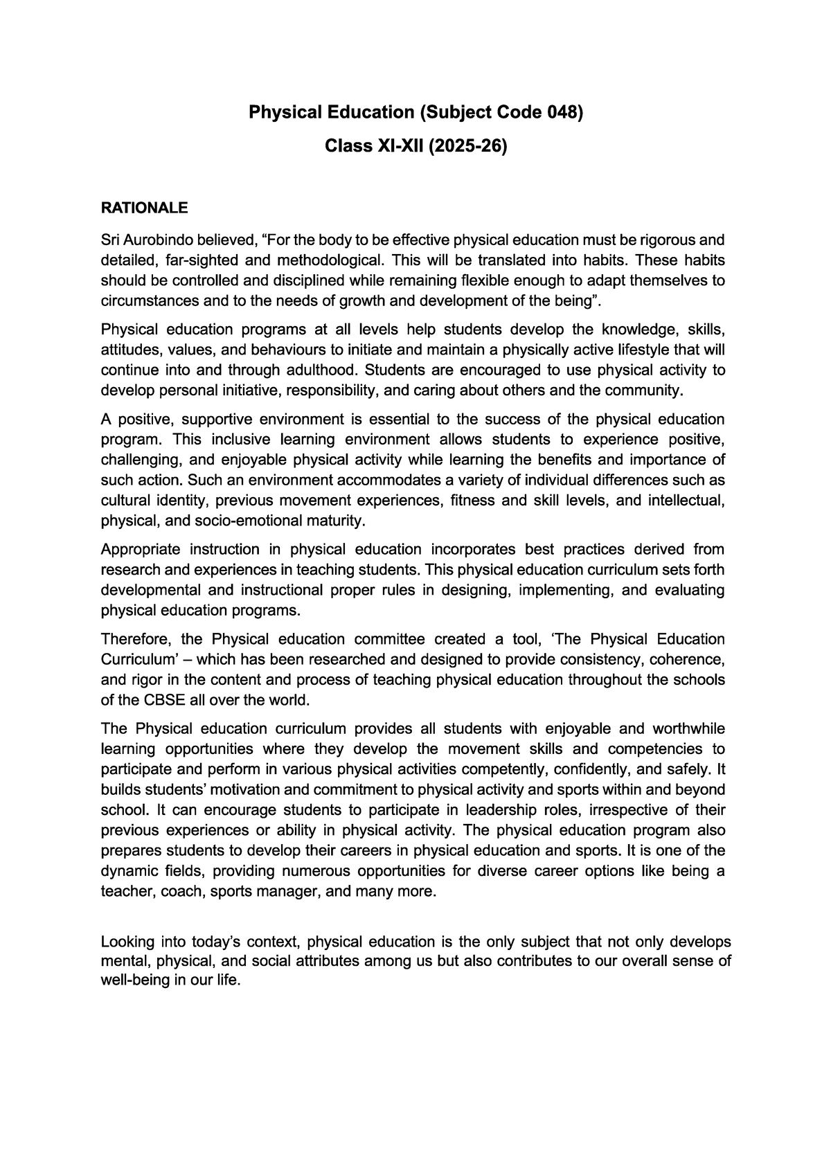 Physical education (Subject Code 048) class XI and XII curriculum ...