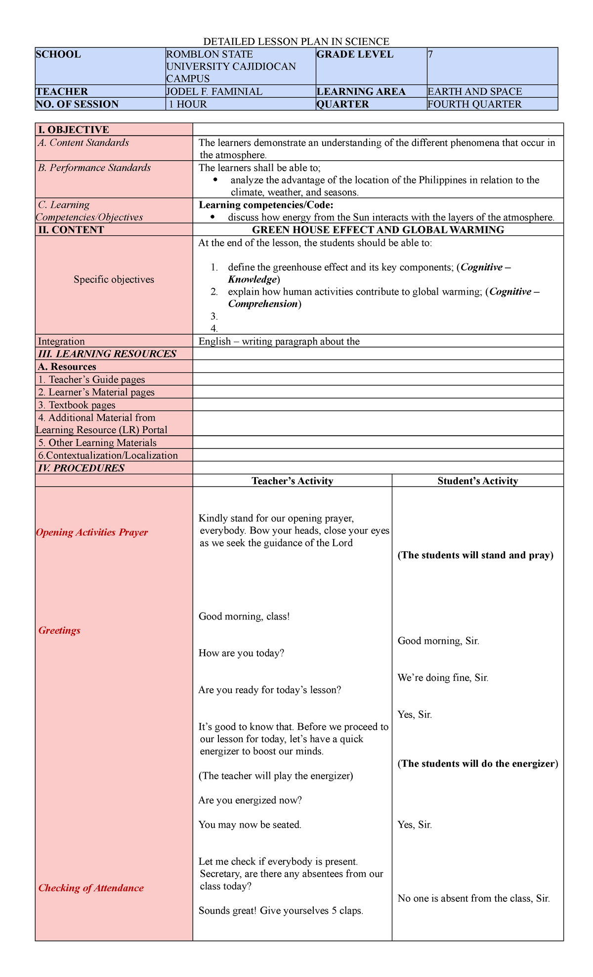 7E's Lesson Plan - DETAILED LESSON PLAN IN SCIENCE SCHOOL ROMBLON STATE ...
