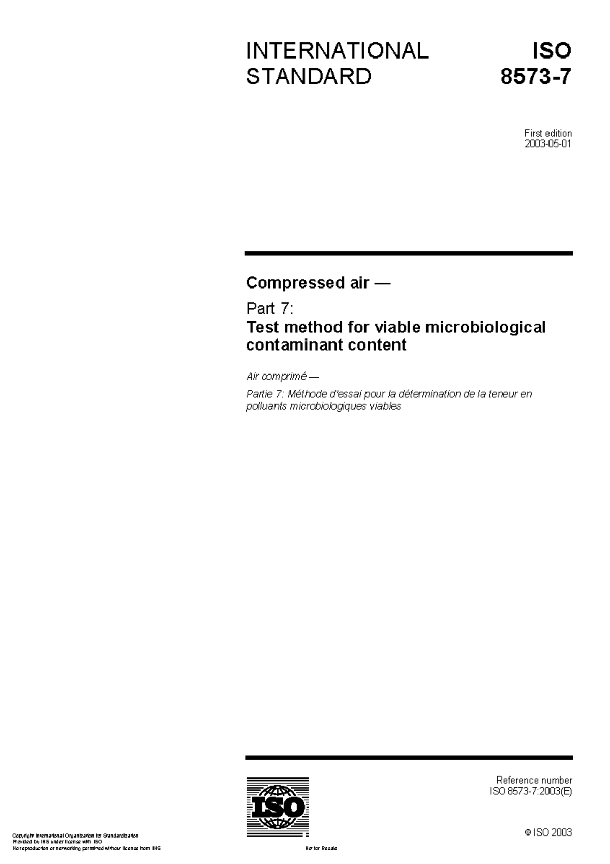 ISO 8573-7:2003 - Test Method for Viable Microbiological Contaminants ...